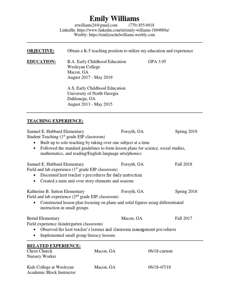 Emily Williams Resume | PDF | Georgia (U.S. State) | Teachers