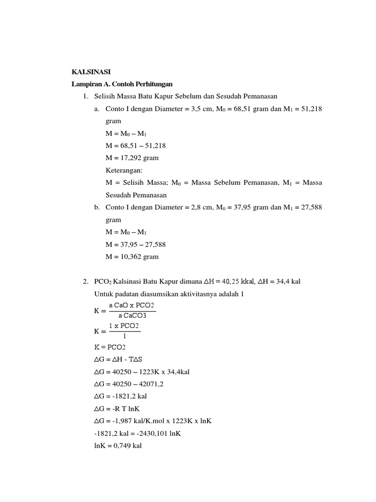 Kalsinasi Lampiran A. Contoh Perhitungan | PDF