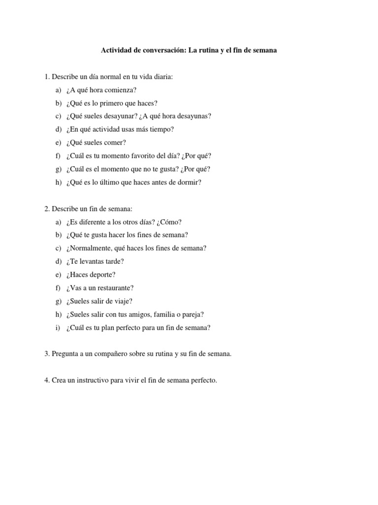 Rutina de Fin de Semana Conversación Español para Extranjeros | PDF