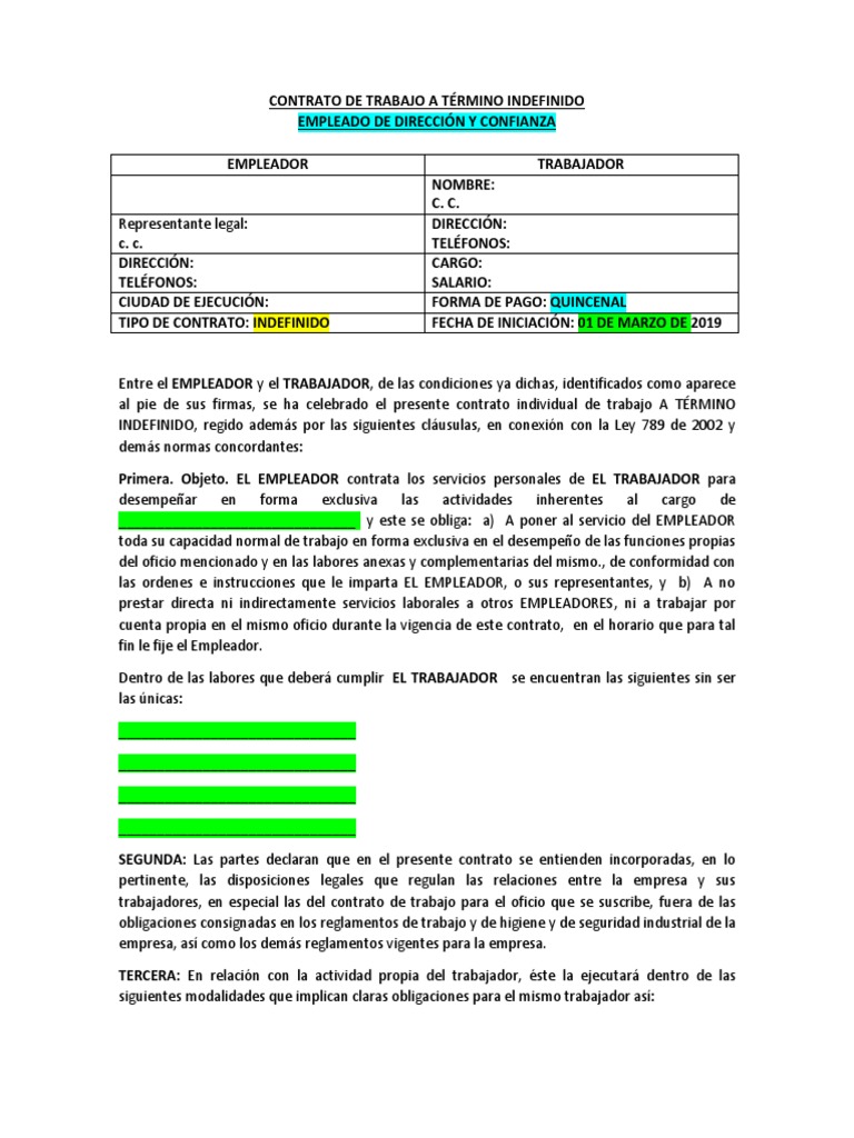 Contrato de Trabajo a Término Indefinido- Modelo | Derecho laboral ...