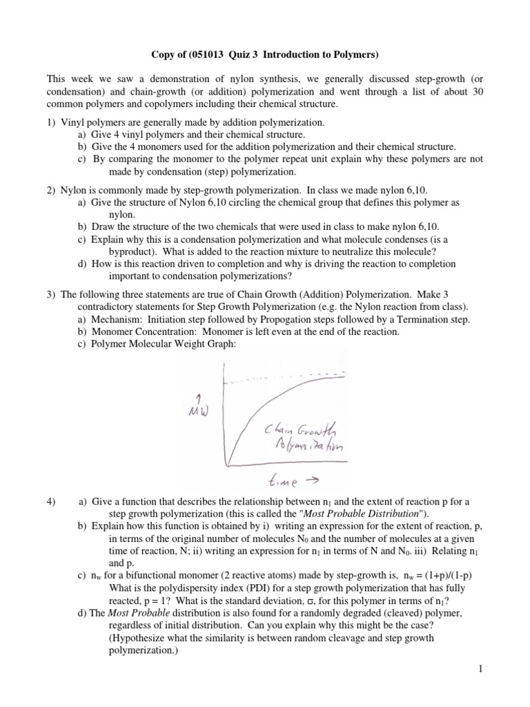 Polymer Chemistry Quiz Guide | PDF | Polymerization | Polymers