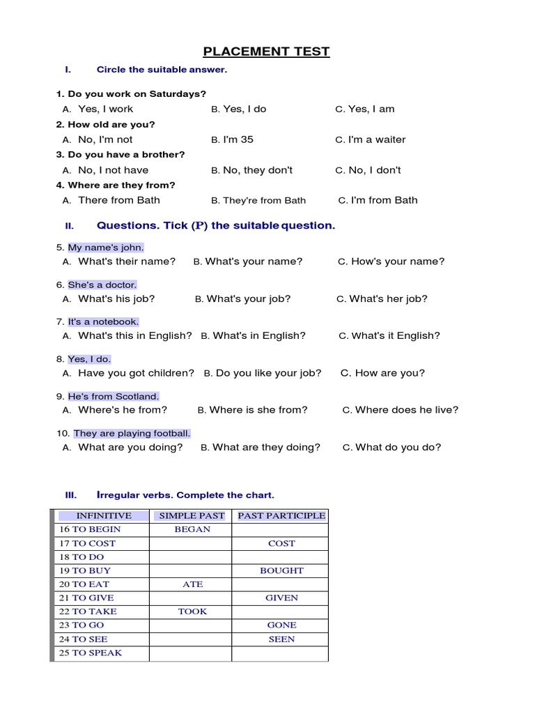 Placement Test: Questions. Tick (P) The Suitable Question | PDF
