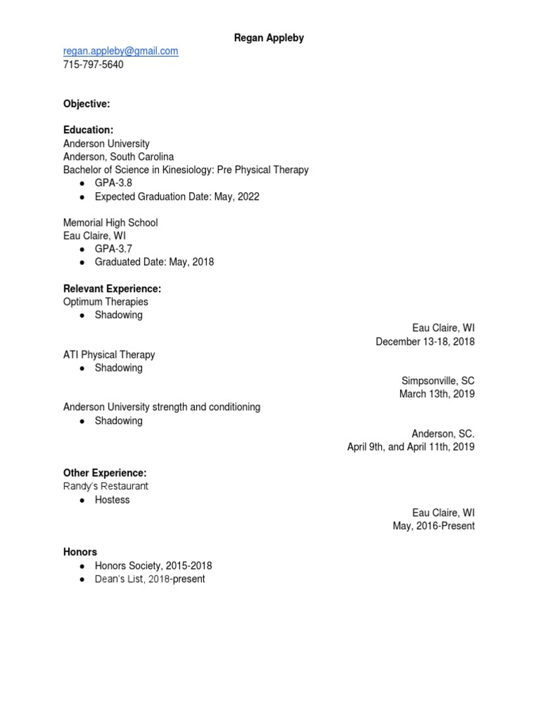 Regan Appleby: Kinesiology Resume | PDF
