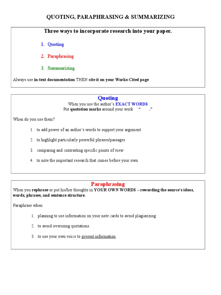Quoting, Paraphrasing, Summarizing | PDF | Phrase