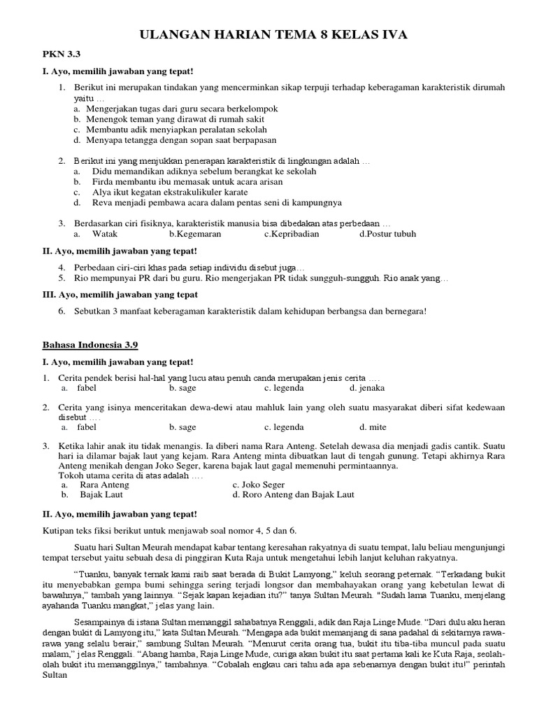 Soal Ulangan Harian Tema 8 Kelas 4SD | PDF