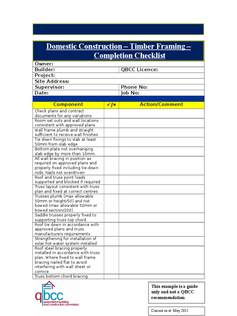 Domestic Construction - Timber Framing - Completion Checklist | PDF ...