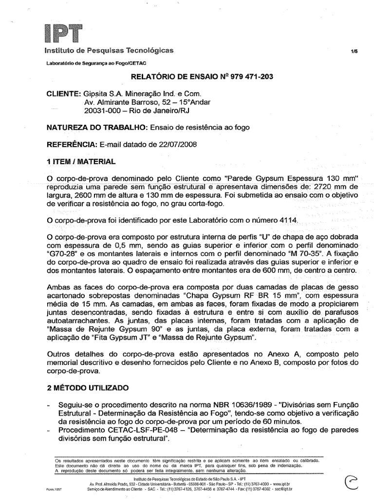 Laudo IPT - 2 Horas Chapas 15mm RF | PDF