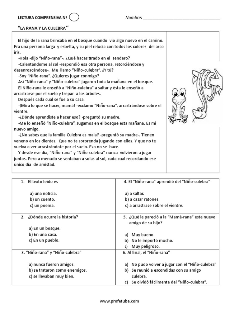 Lectura Comprensiva La Rana y La Culebray | PDF | Ocio