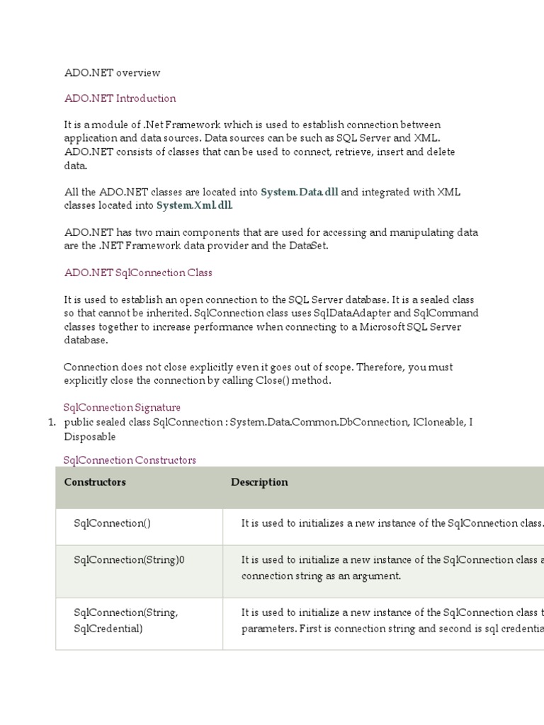 System - Data.Dll System - XML.DLL.: Sqlconnection Constructors | PDF | Constructor (Object ...