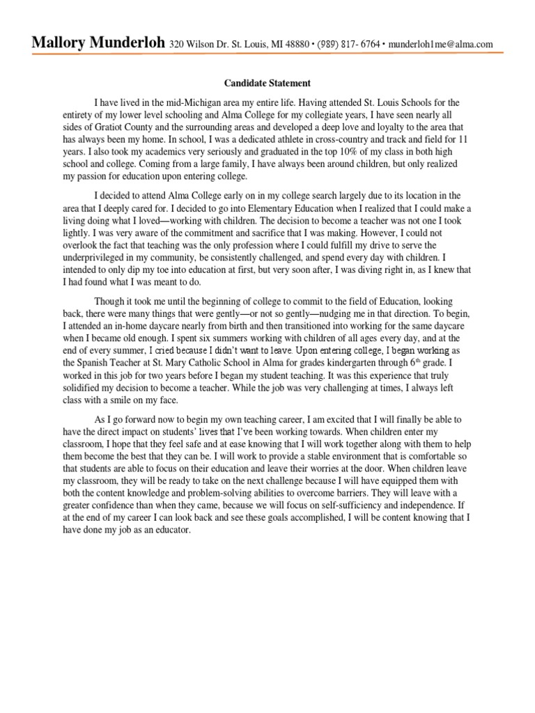 Candidate Statement | PDF | Teachers | Behavior Modification