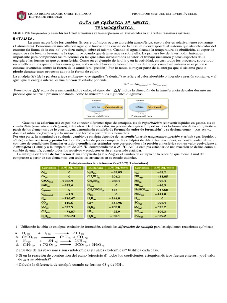Guìa Entalpìa y Ley de Hess | PDF | Entalpía | Reacciones químicas