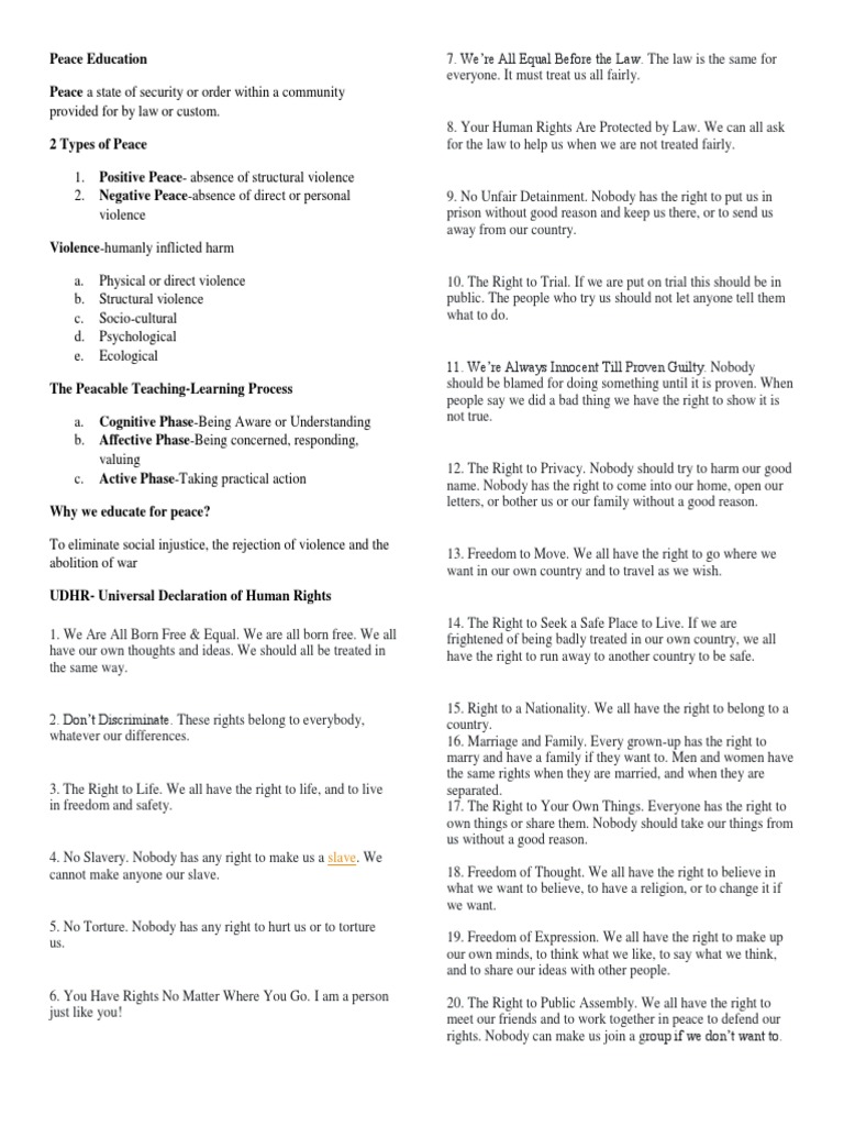 Peace Education Peace A State of Security or Order Within A Community ...