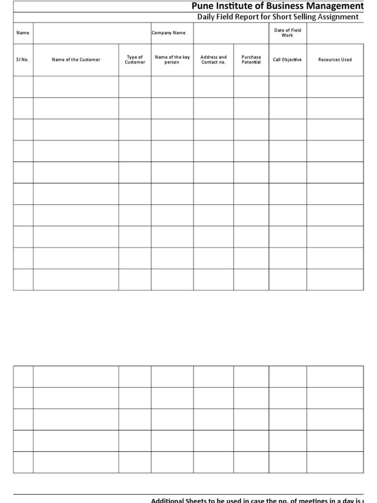 Daily Field Report For Short Selling Assignment: Name Company Name Date ...
