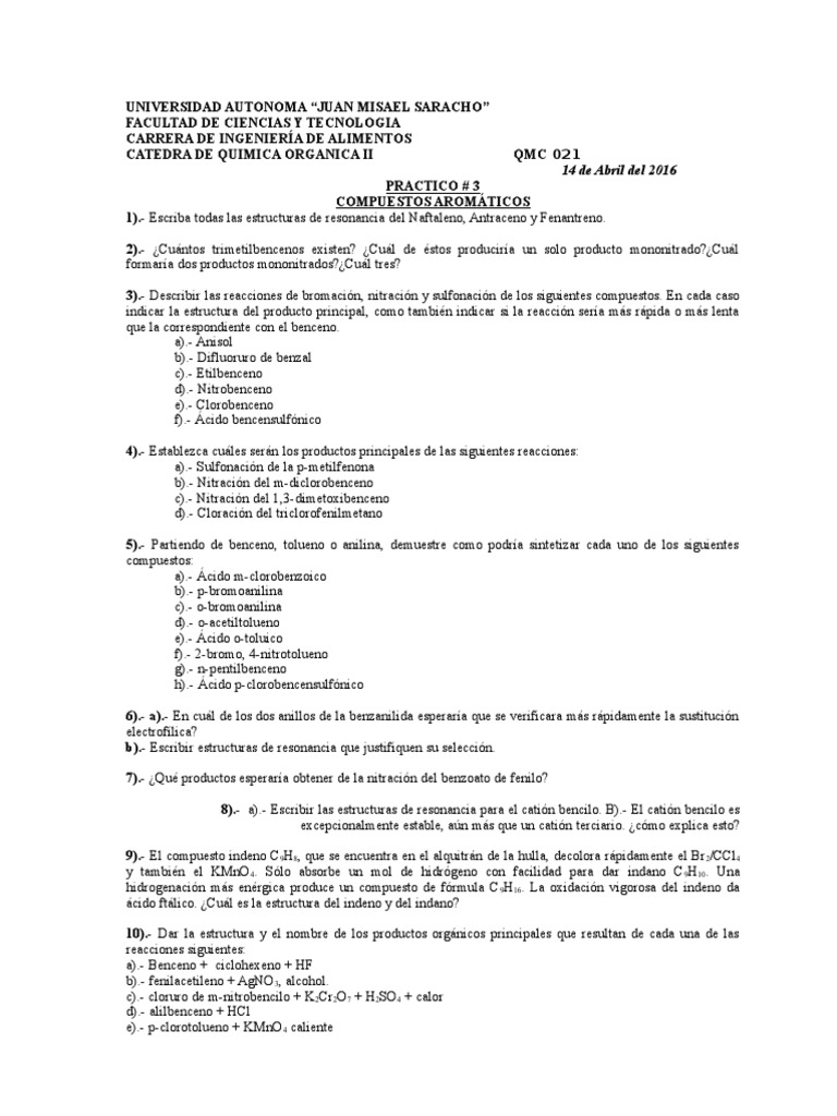 Practico 3 - Compuestos Aromáticos - QMC 021 | PDF | Benceno | Compuestos químicos