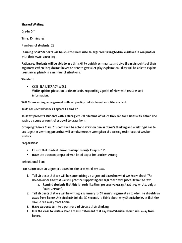 Shared Writing Lesson Plan | PDF | Reason | Argument