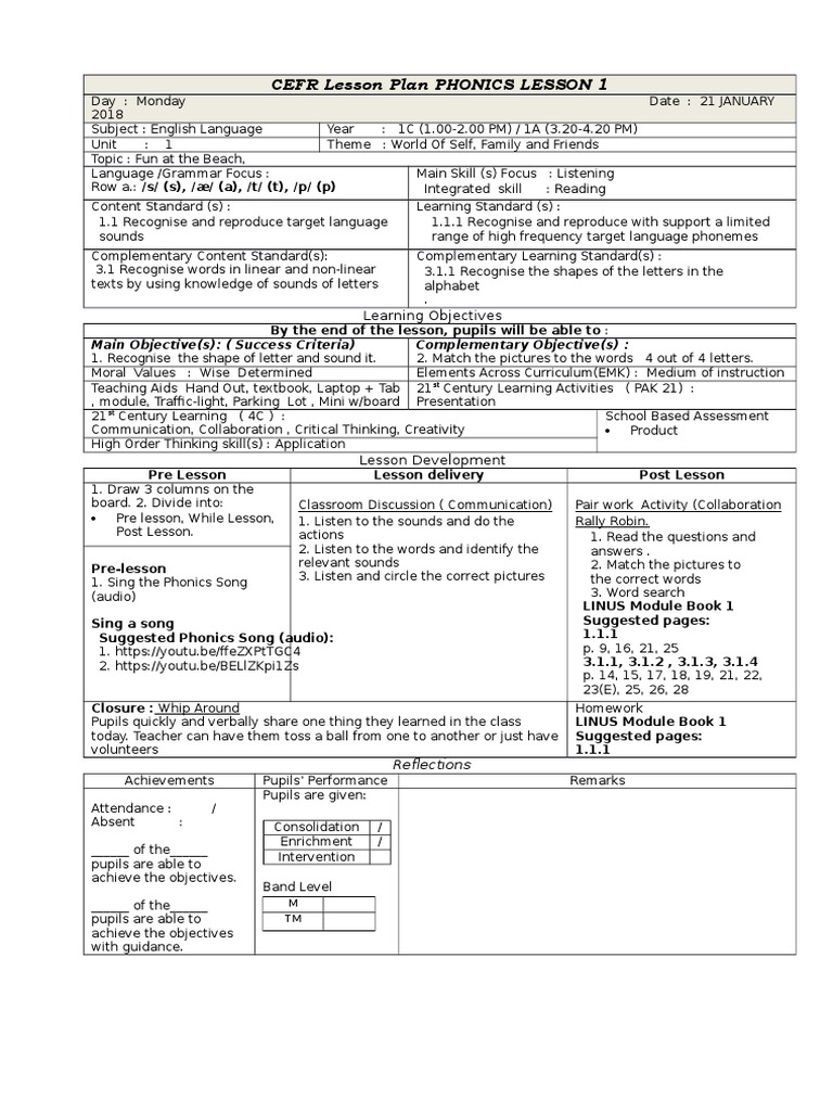Cefr Lesson Plan Phonics Lesson 1: Learning Objectives | PDF | Phonics ...