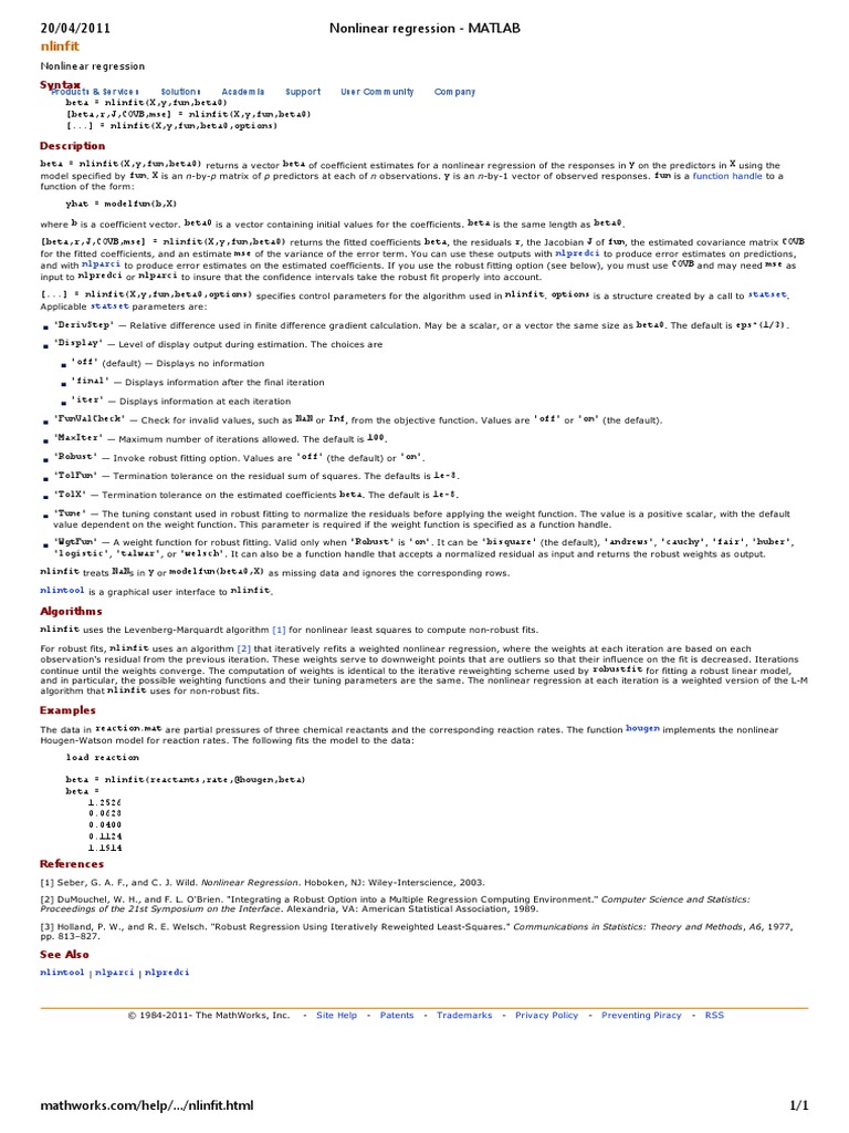 Nonlinear Regression MATLAB PDF | PDF | Errors And Residuals ...