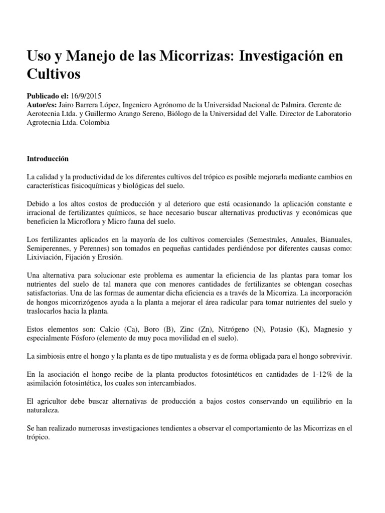 Uso y Manejo de Las Micorrizas | PDF | Agricultura | Fertilizante