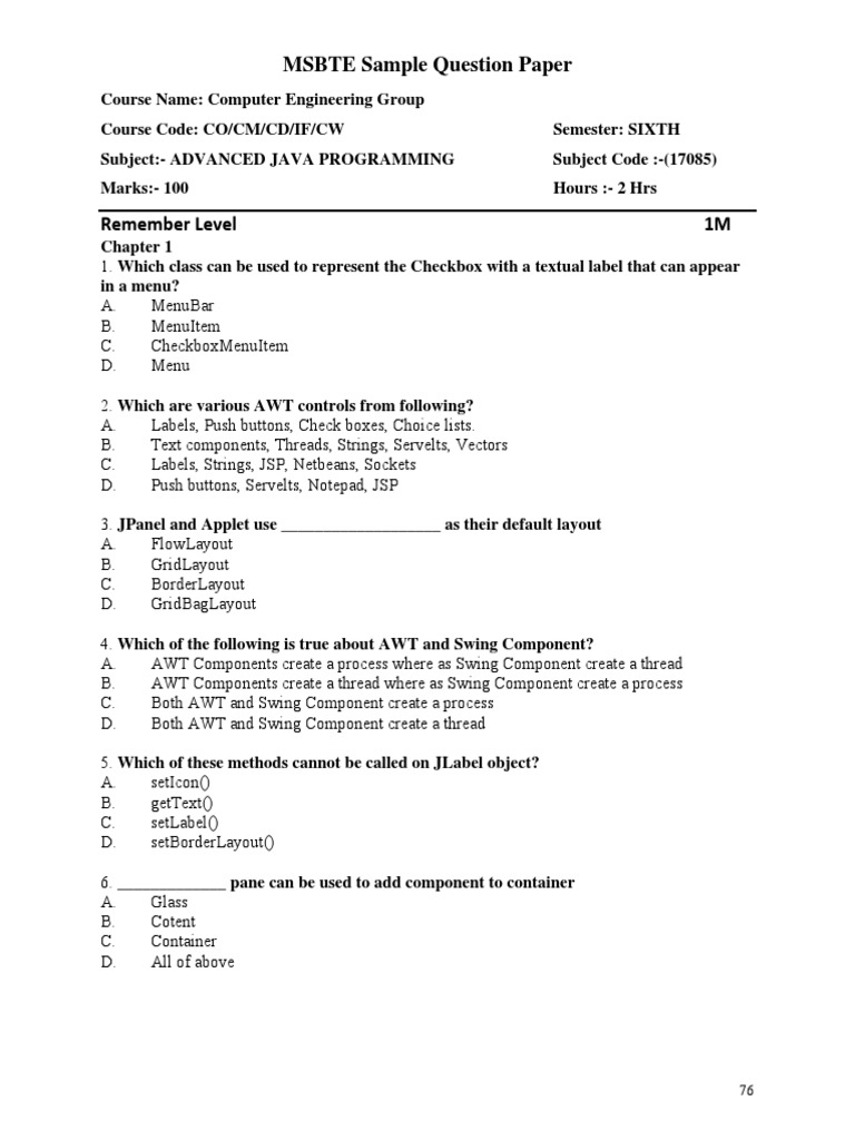 MSBTE Sample Question Paper: Remember Level 1M | PDF | Java Servlet ...