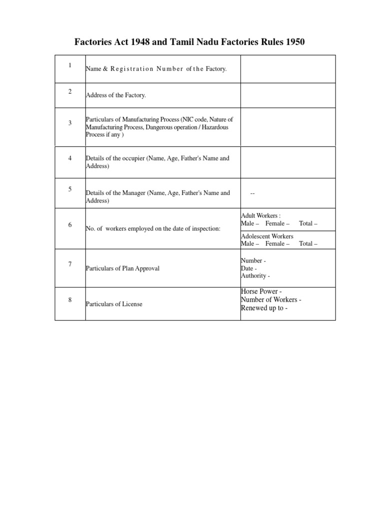 Checklist - Factories Act and TN Factories Rules | PDF | Overtime | Water