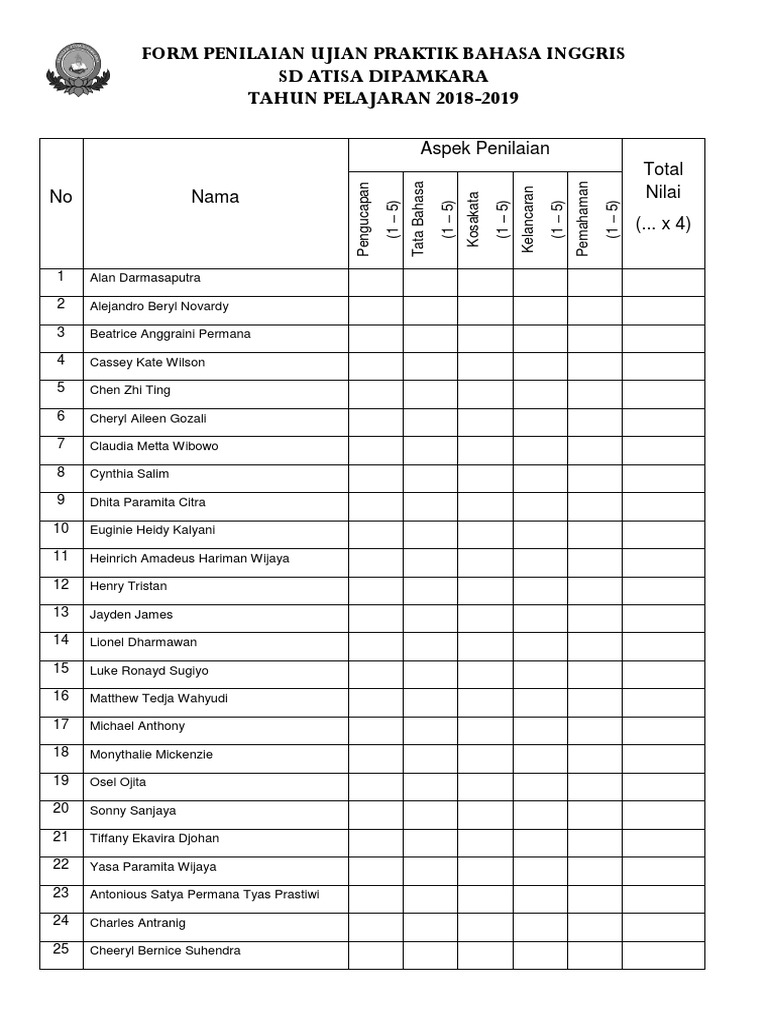 Form Penilaian Ujian Praktik Bahasa Inggris | PDF