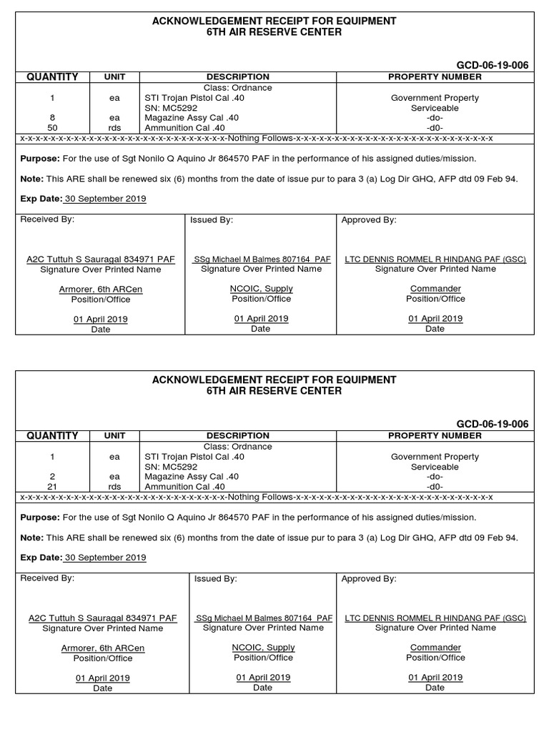 Acknowledgement Receipt For Equipment 6Th Air Reserve Center | Download ...