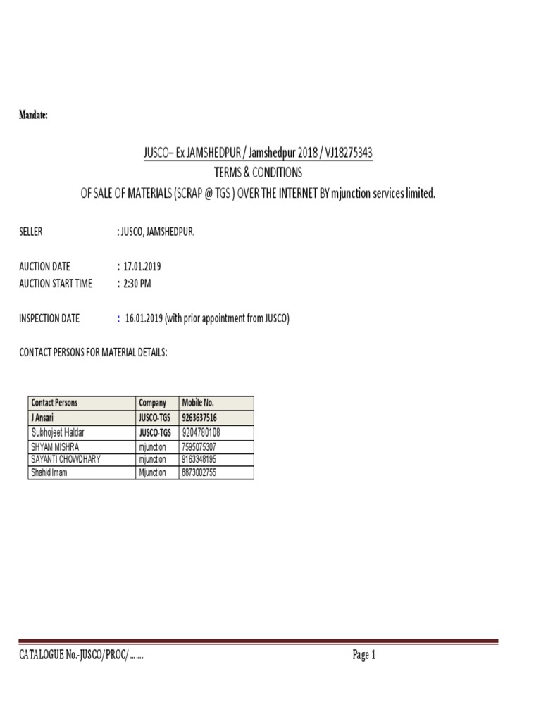 JUSCO Catalogue For Rejected Scrap ITEM at TGS Dated 17.01.2019 - 50333 ...