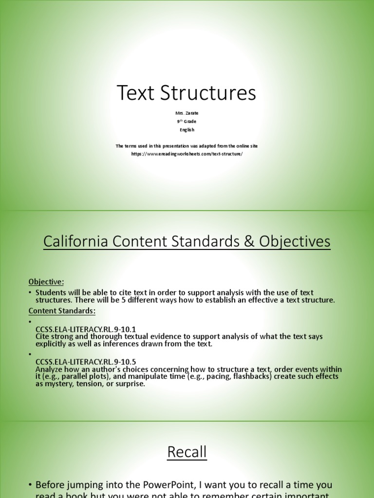 Text Structures: Mrs. Zarate 9 Grade English | PDF | Narrative | Causality