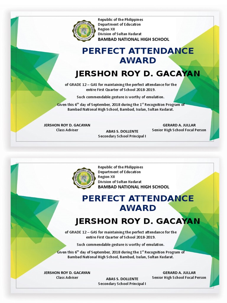 Perfect Attendance Award Senior High A4 | PDF