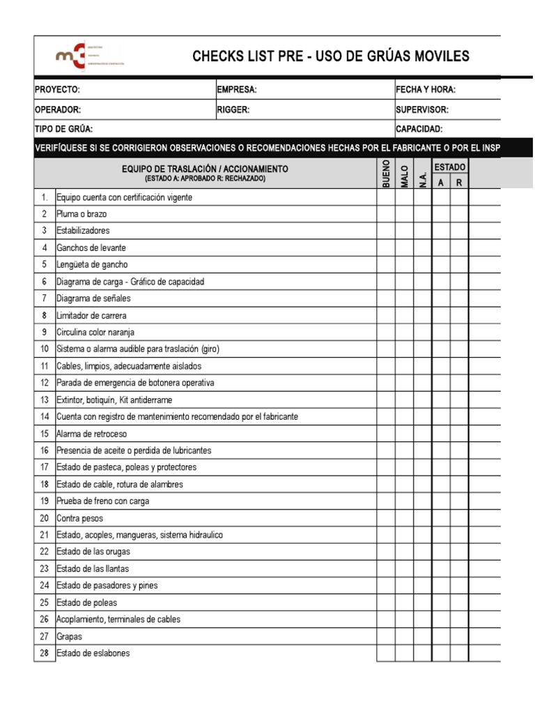 2.16 Anexo 4. Check List de Gruas y Equipos de Izaje | PDF | Grúa (máquina)