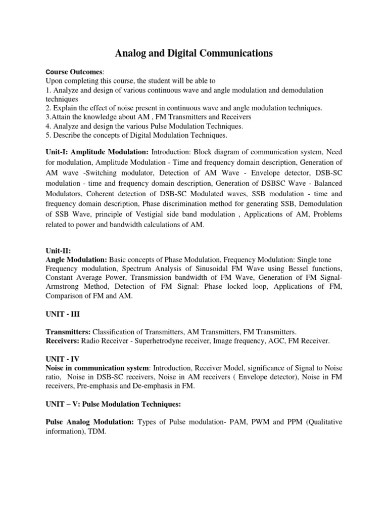 Analog and Digital Communication Syllabus | PDF | Frequency Modulation | Modulation