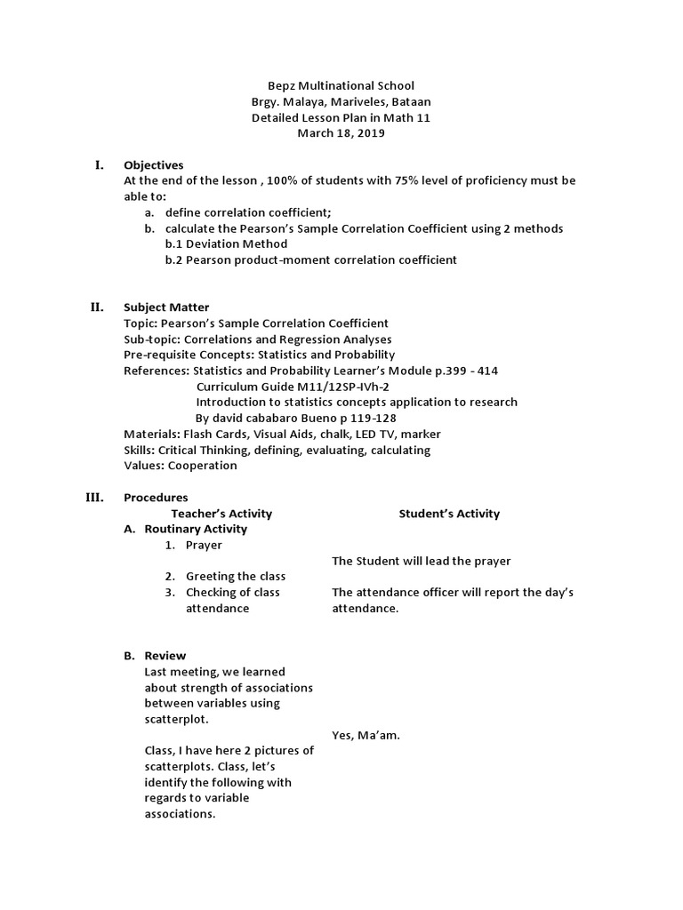 Demo Lesson Plan For in Math 11 - Pearson Product Moment Correlation ...