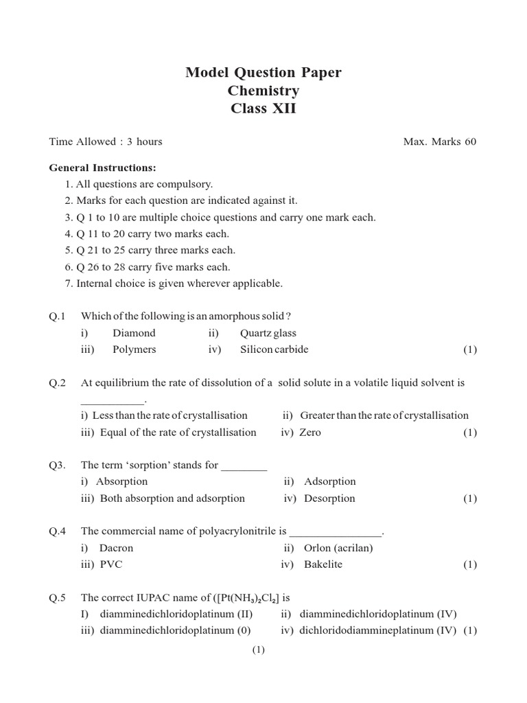Model Question Paper Chemistry Class XII: General Instructions ...