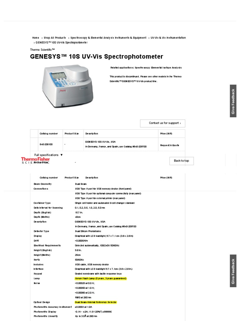 GENESYS™ 10S UV-Vis Spectrophotometer | PDF | Ultraviolet–Visible Spectroscopy | Spectrophotometry