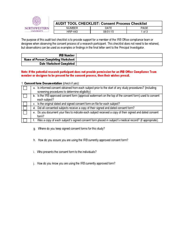 Hrp-443 - Audit Tool Checklist - Consent Process | PDF | Institutional ...