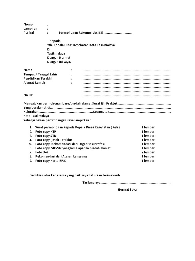 Surat Permohonan Rekomendasi SIP | PDF