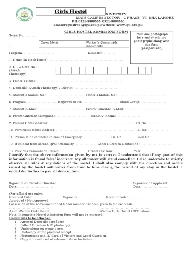 Hostel Admissiom Form | PDF | Affidavit | Government