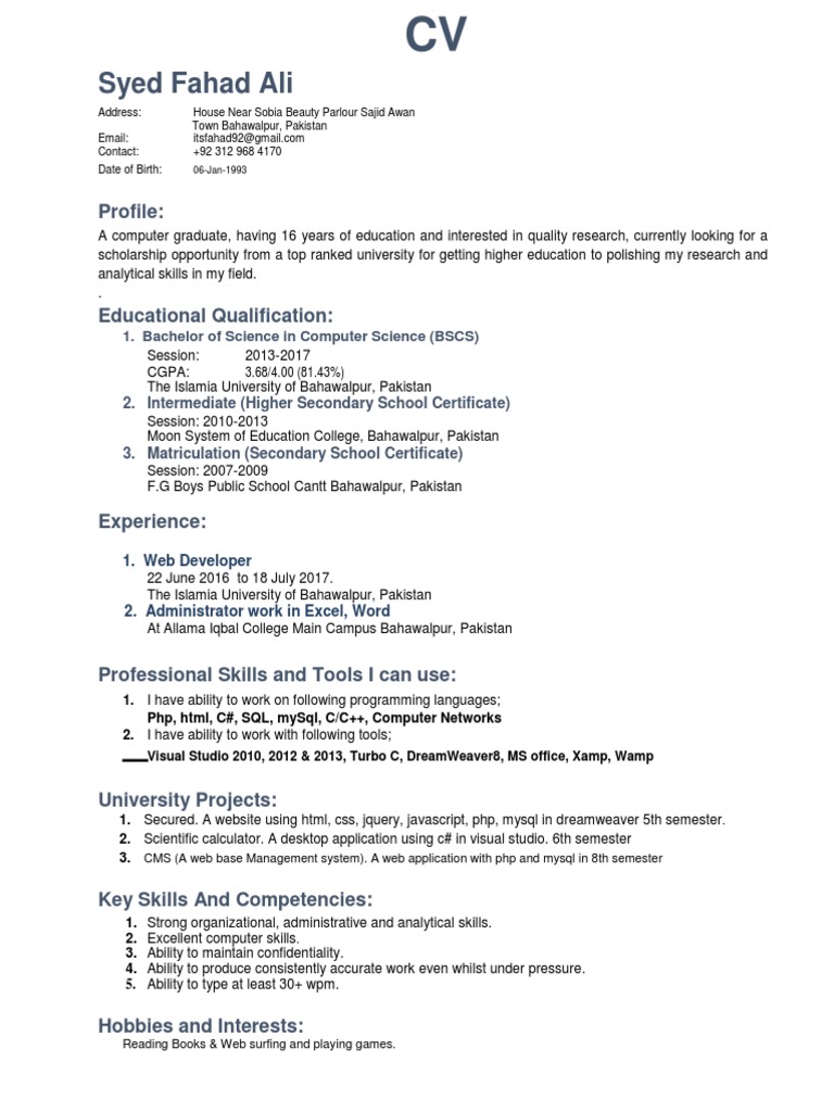 Syed Fahad Ali: Profile | PDF