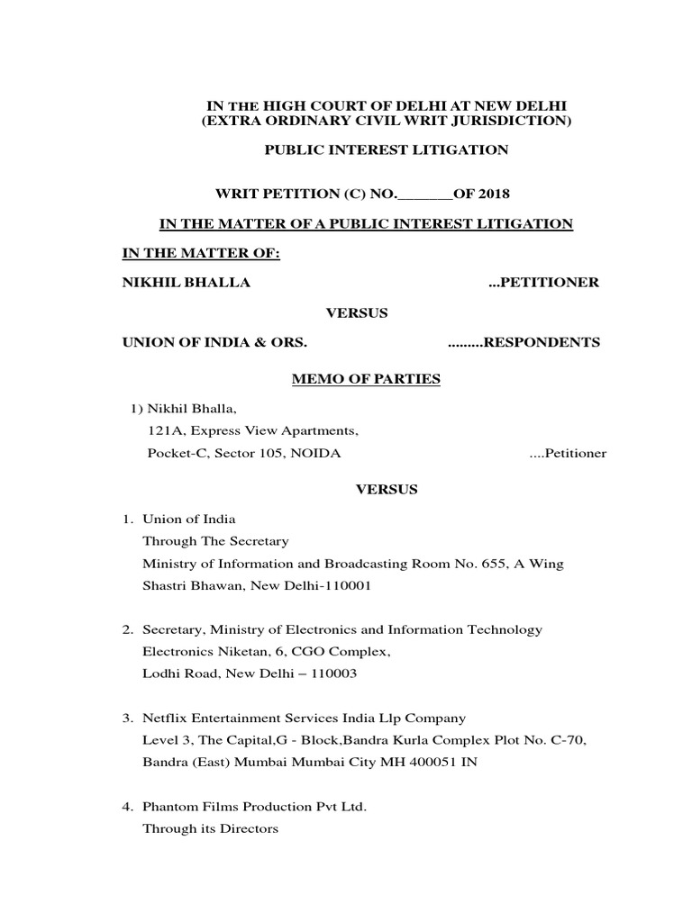 Nikhil Bhalla V Union of India Netflix Ors PETITION | PDF | Writ | Mandamus