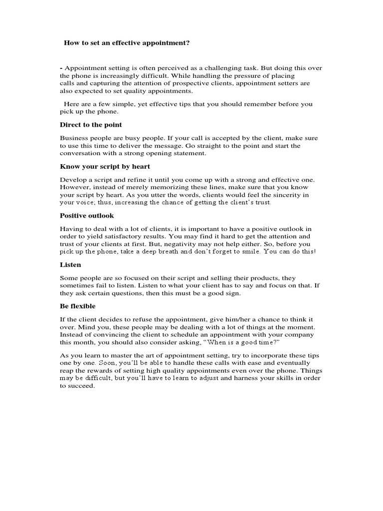 Telesales Appointment Tips | PDF | Conversation | Attention