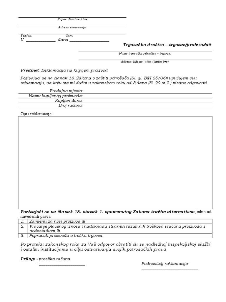 Reklamacije Kupljeni Proizvod | PDF