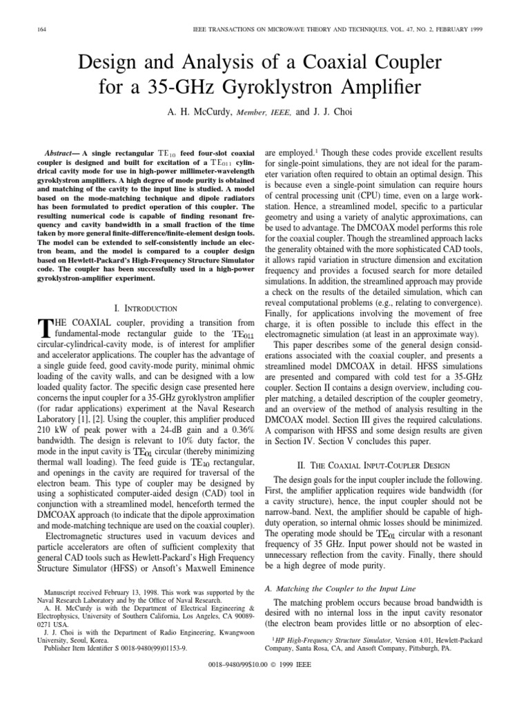 Design and Analysis of A Coaxial Coupler For A 35-Ghz Gyroklystron ...