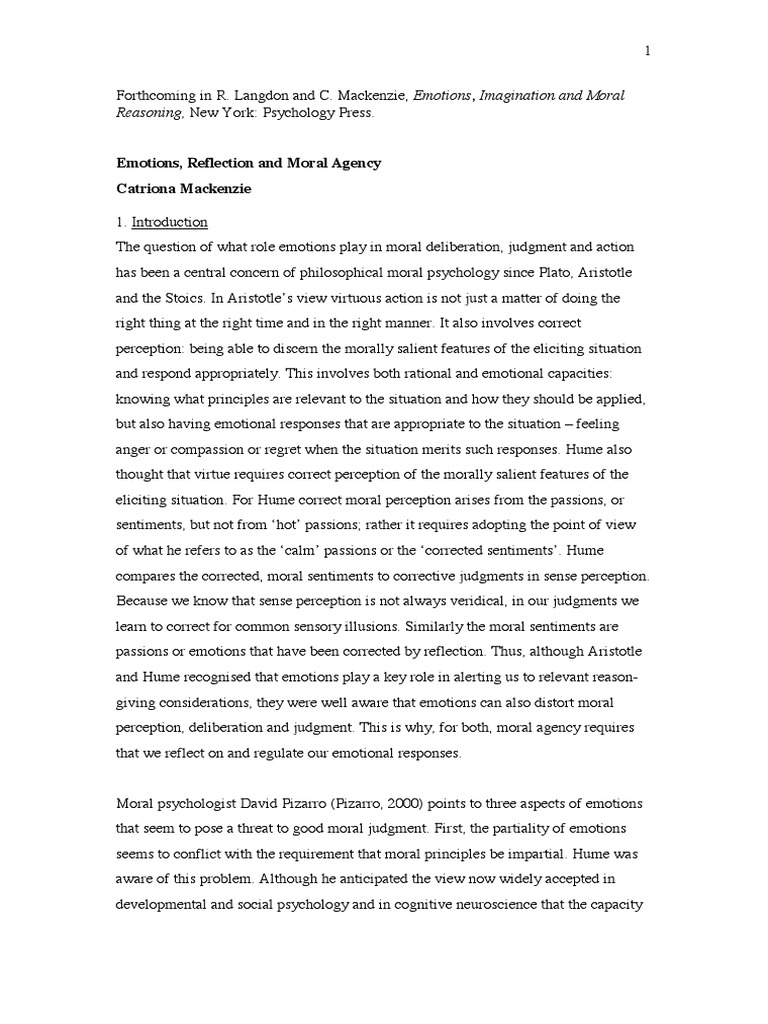 Emotions, Reflection, and Moral Agency: An Analysis and Critique of the ...