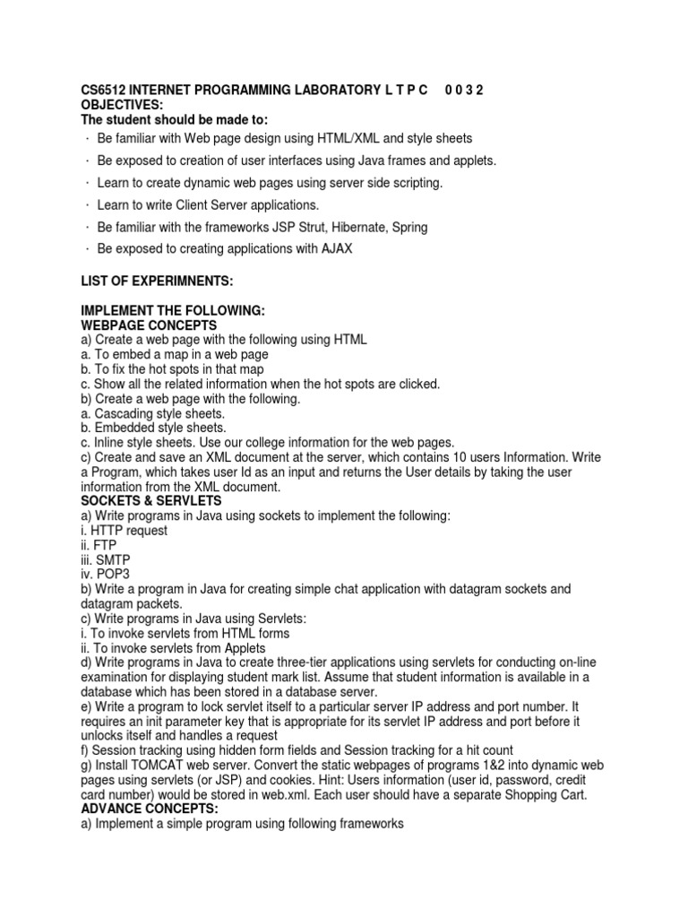 Cs6512 Internet Programming Laboratory L T P c0 0 3 2 | PDF | Java Servlet | Web Page