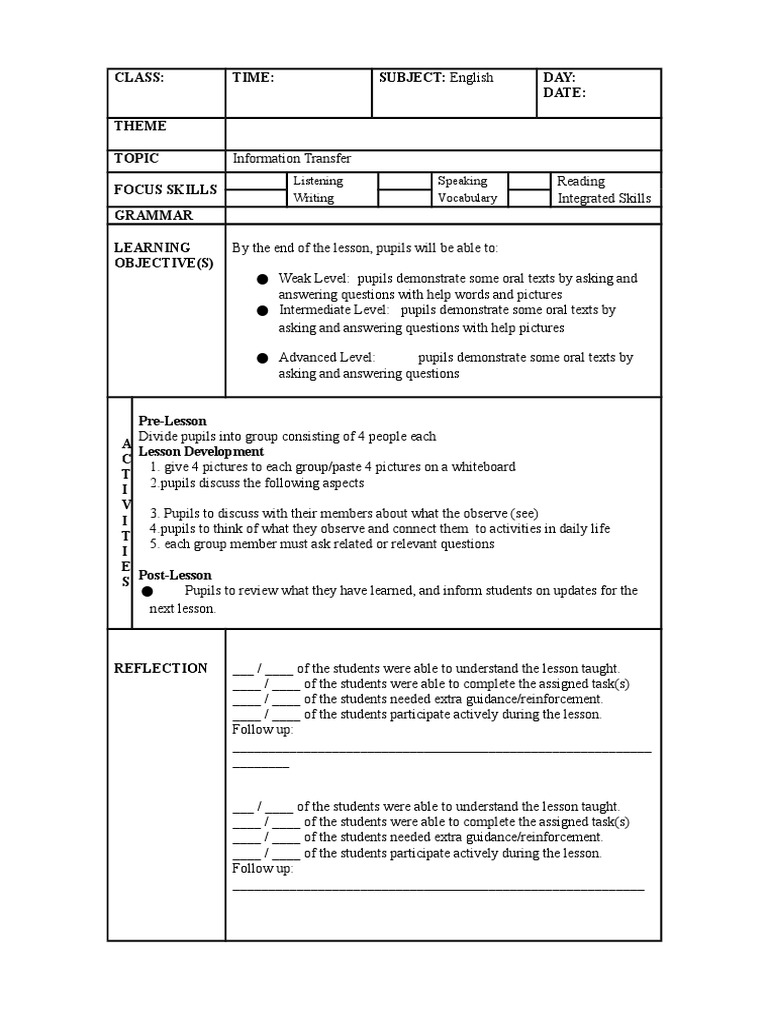 Class: Time: SUBJECT: English Day: Date: Theme Topic Focus Skills ...