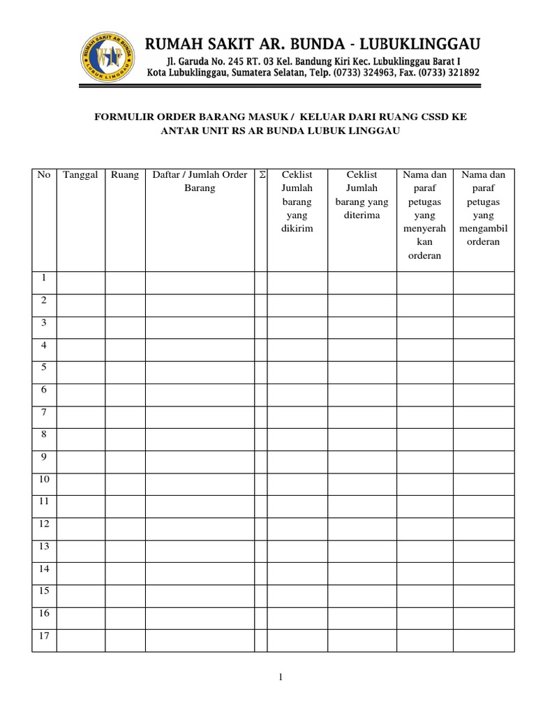 Formulir Order Barang Masuk Dan Keluar CSSD RS AR BUNDA LLG 2 | PDF