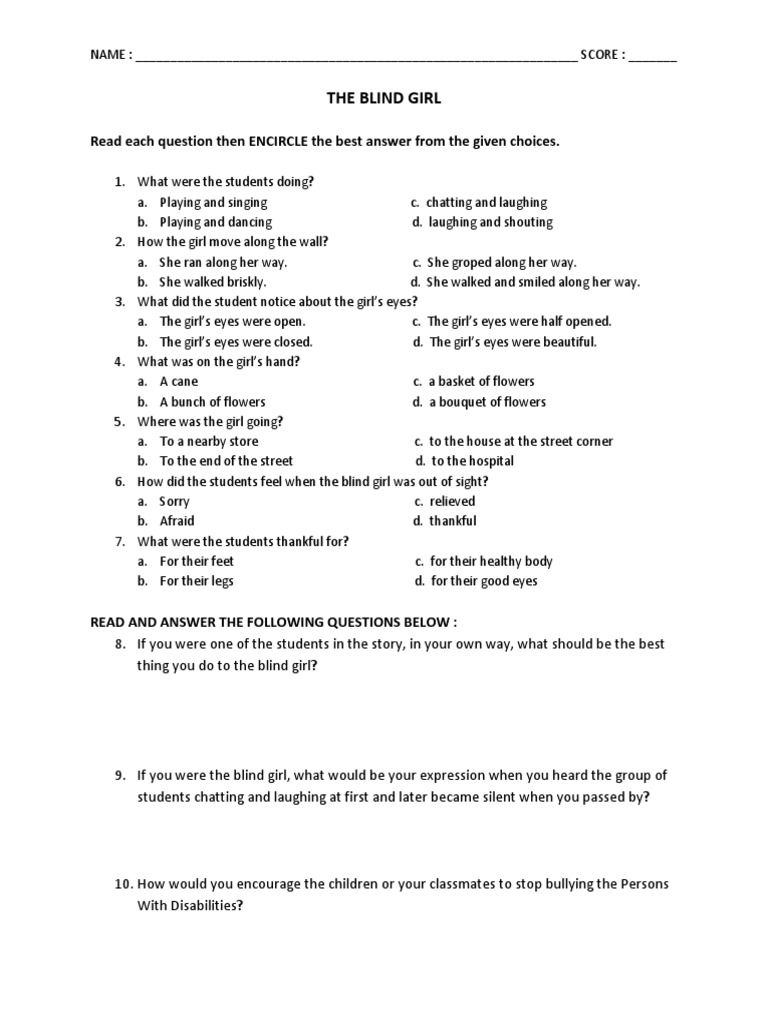 The Blind Girl: Read Each Question Then ENCIRCLE The Best Answer From ...