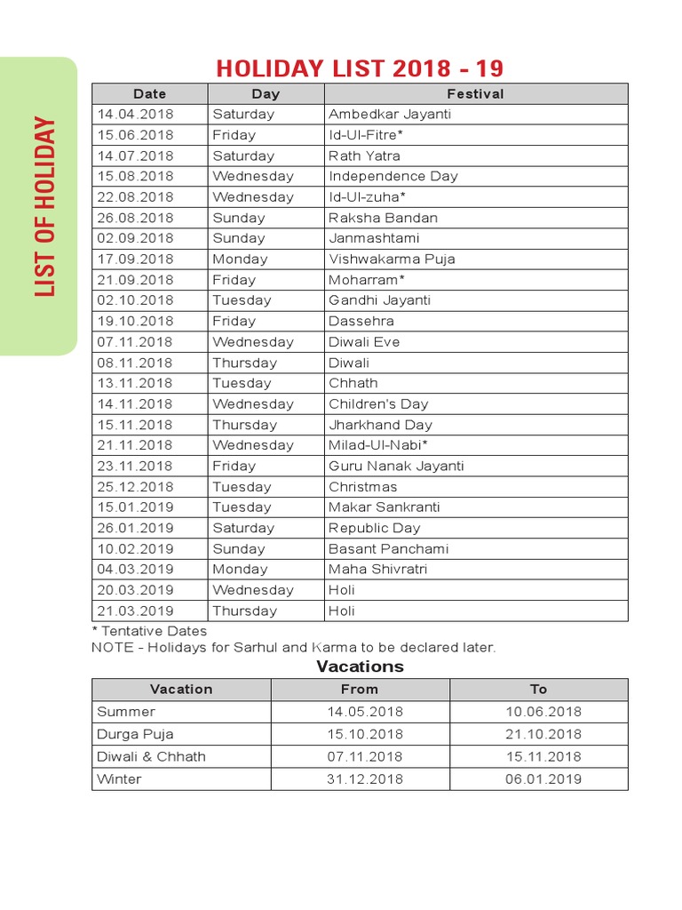 Holiday List 2018 - 19: Date Day Festival | PDF