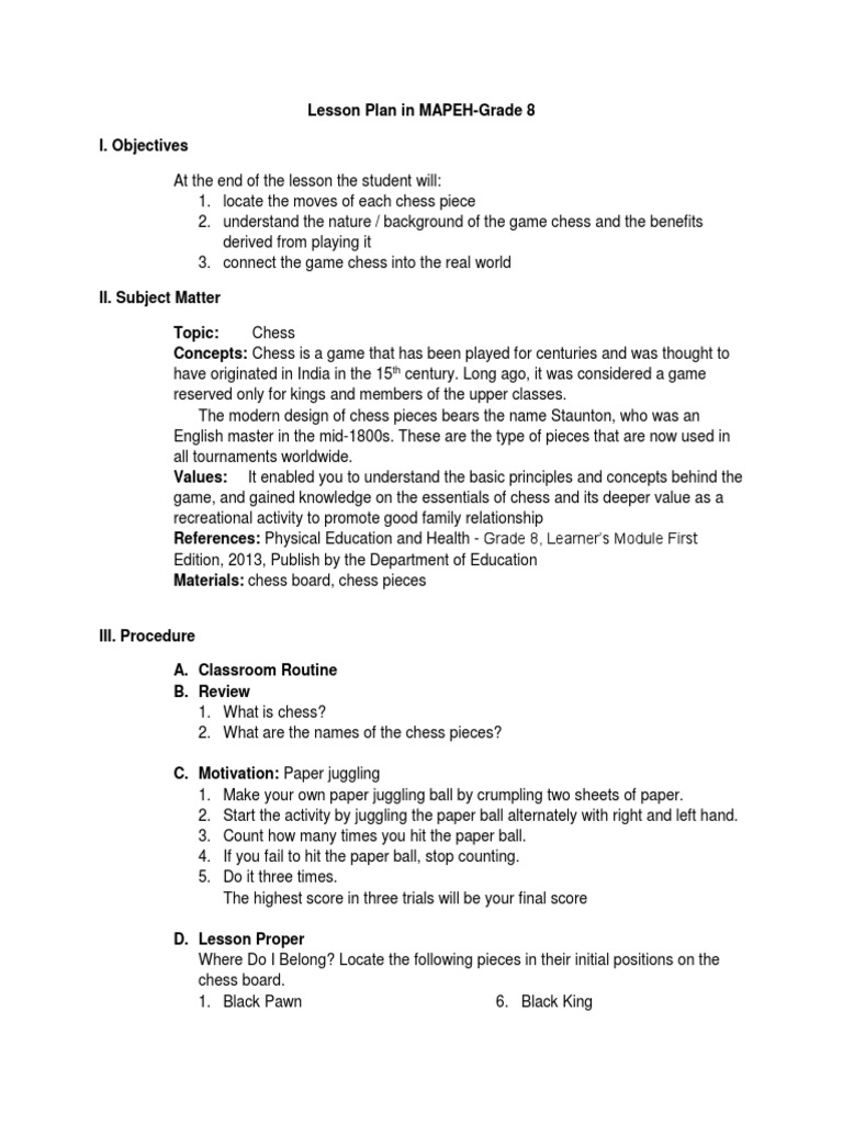 Chess Lesson Plan for Grade 8 | PDF | Chess | Competitive Games