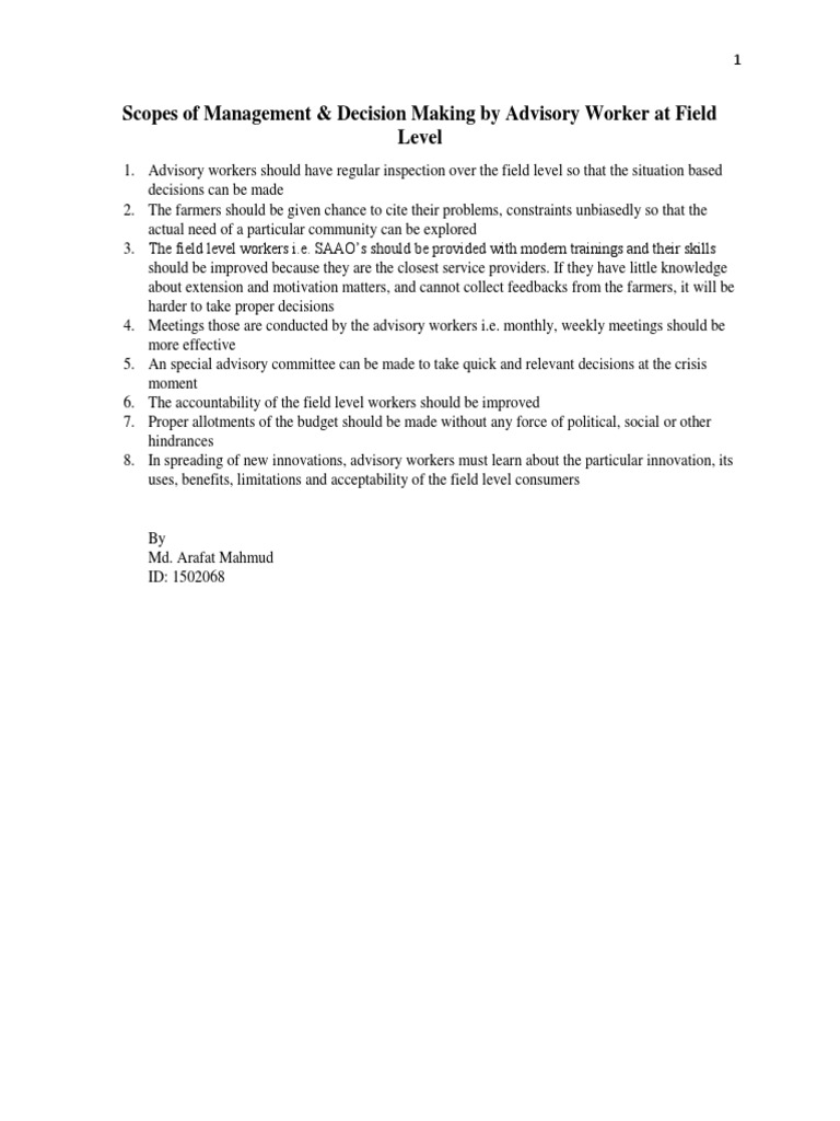 Scopes of Management & Decision Making by Advisory Worker at Field ...